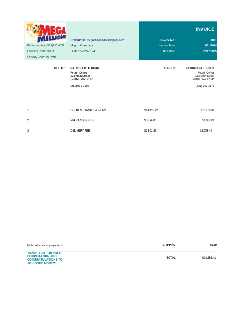 Invoice for Patricia Peterson - Mega Millions | PDF
