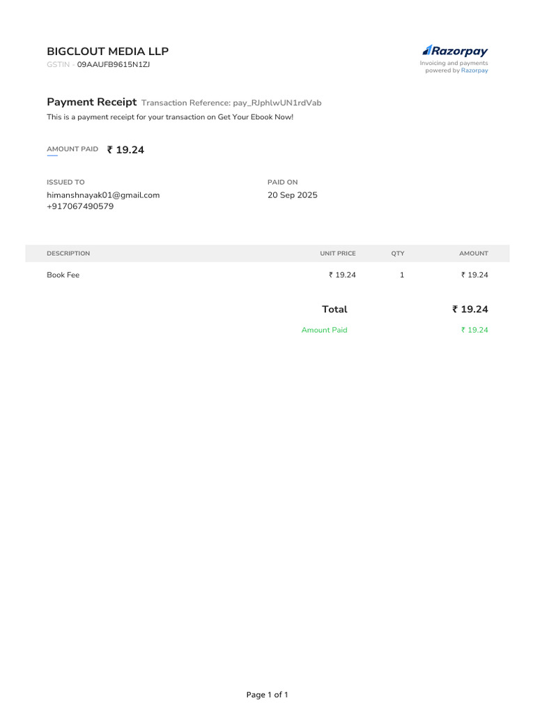 Receipt Pay - RJphlwUN1rdVab From BIGCLOUT MEDIA LLP (Paid) PDF | PDF