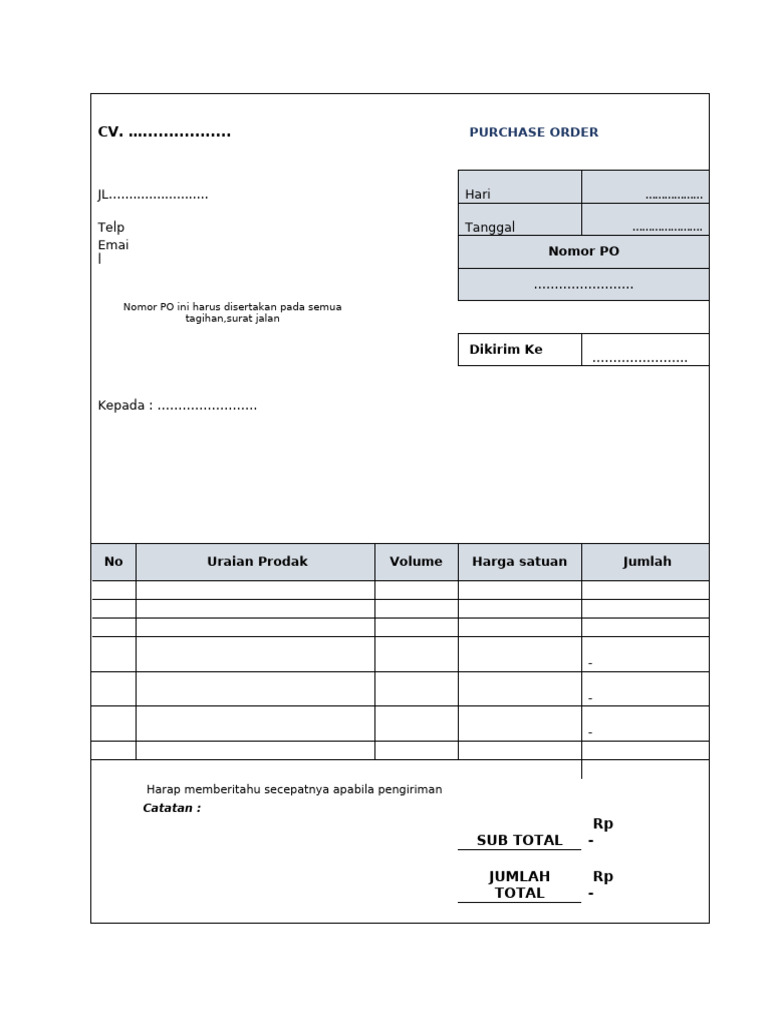 Contoh Purchase Order untuk CV | PDF