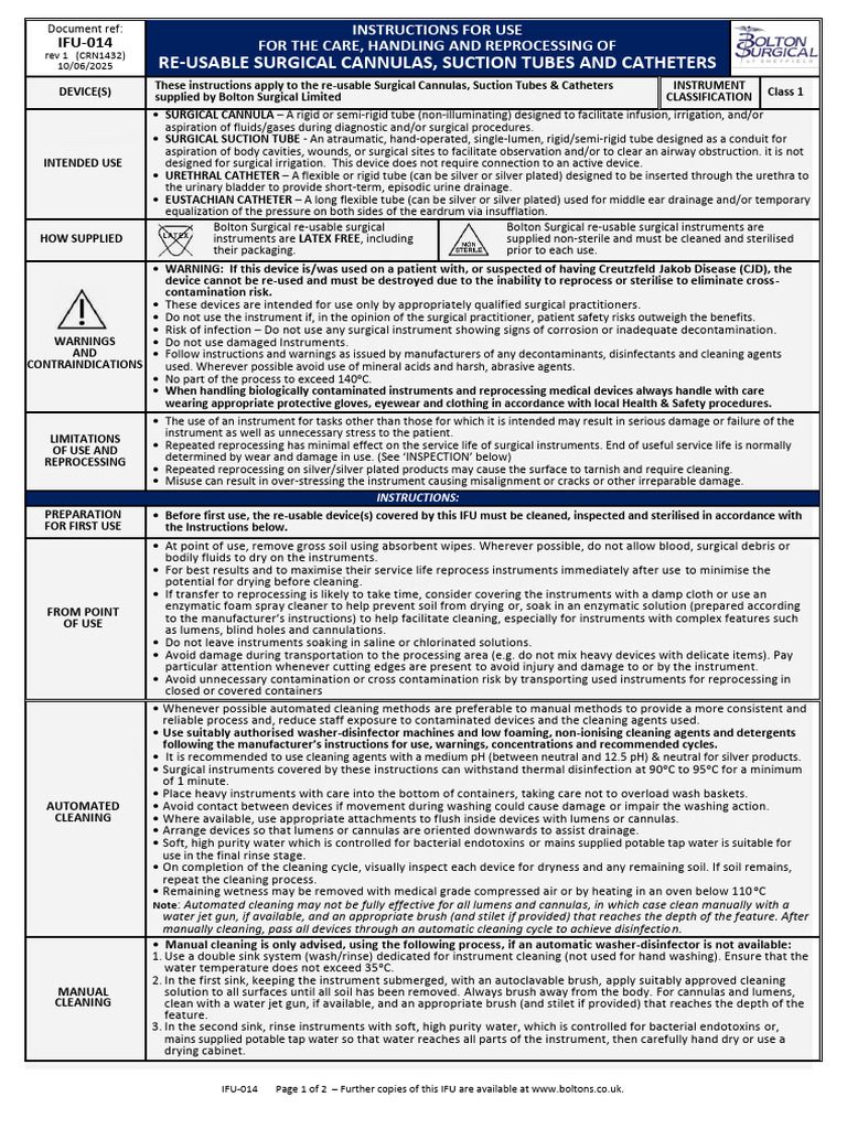 IFU 014 Rev 1 IFU Surgical Cannulas and Suction Tubes 1 | PDF | Sterilization (Microbiology ...
