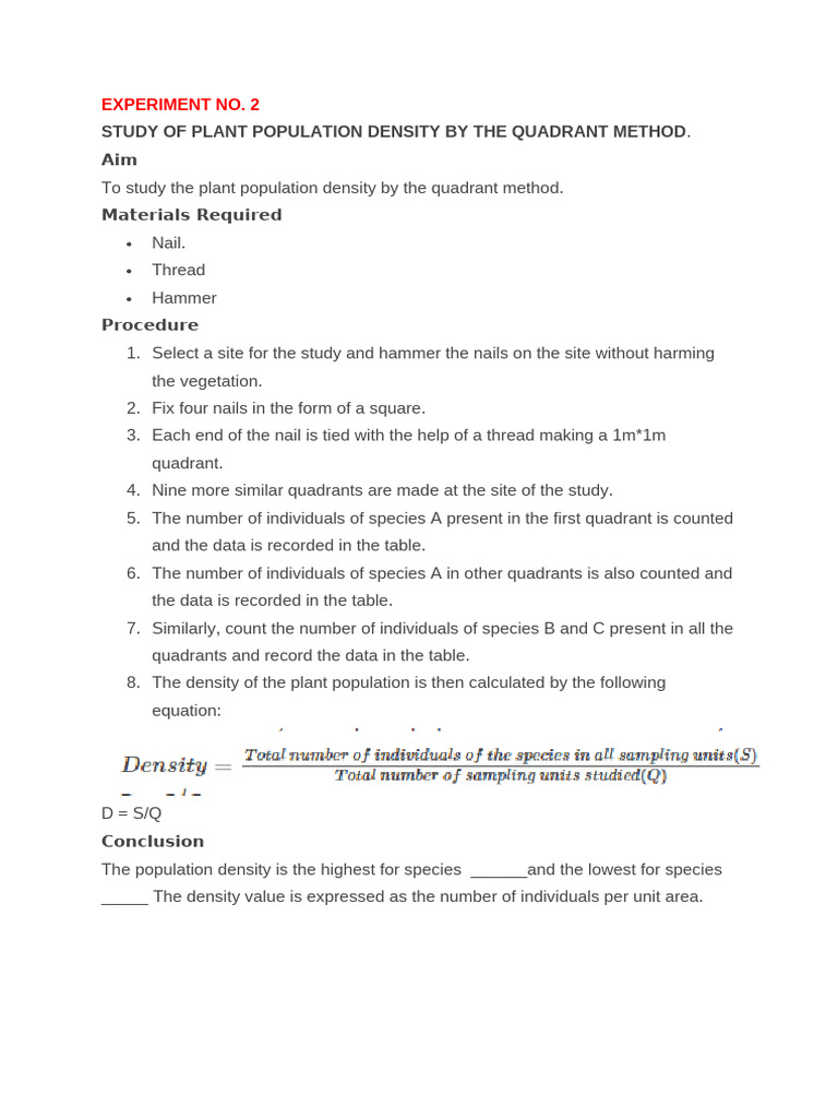 Study of Plant Population Density by The Quadrat Method | PDF