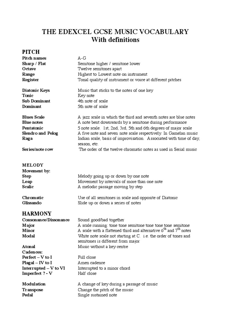 The Edexcel Gcse Music Vocabulary With Definitions: Pitch | PDF | Art