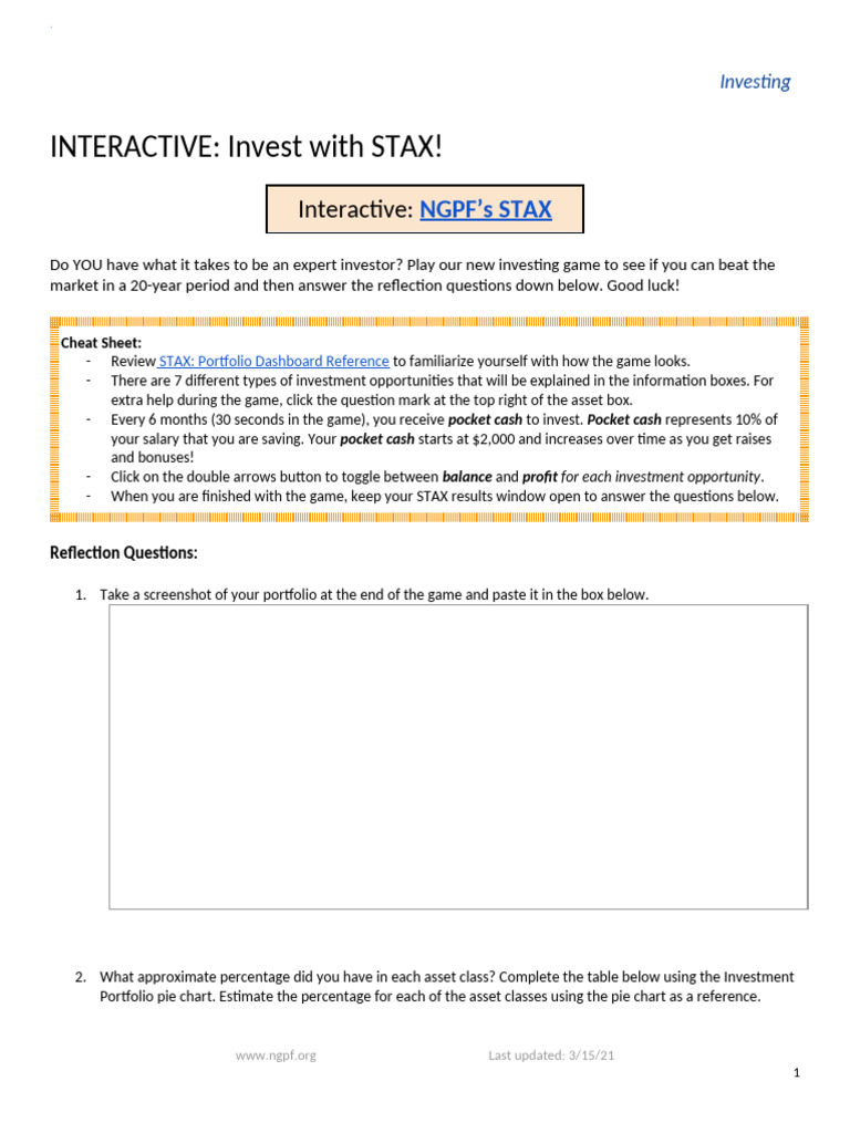 NGPF STAX Investment Game Guide | PDF | Investing | Index Fund