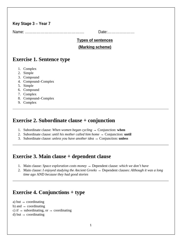 Exercise 1. Sentence Type: Name: . Date | PDF