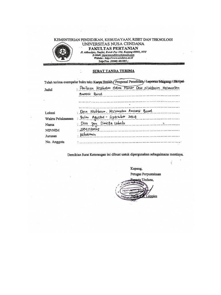 Surat Tanda Terima Proposal Dari Perpus Faperta | PDF