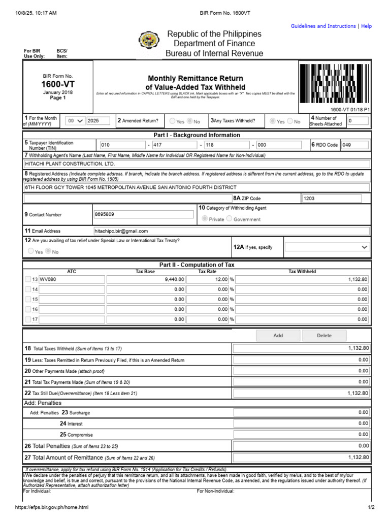 Hitachi 1600VT September Draft | PDF | Internal Revenue Service | Taxes