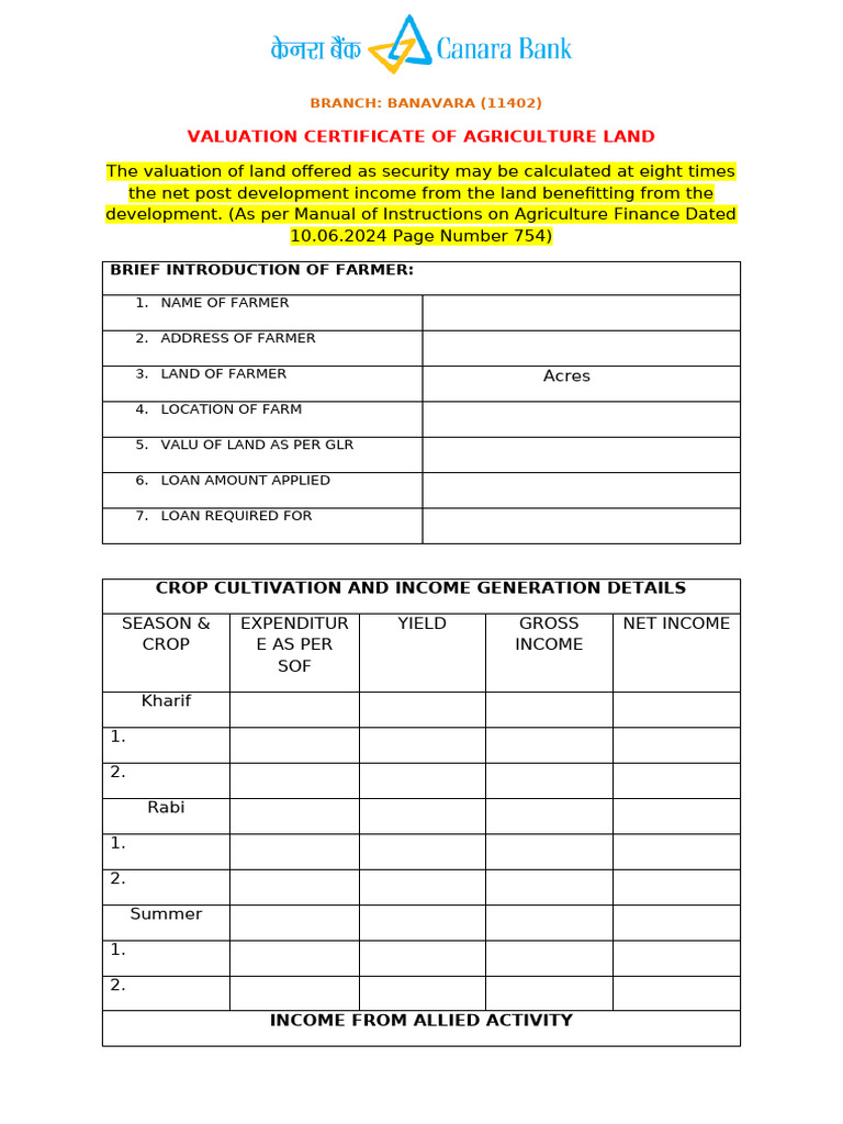 Agriculture Land Valuation Certificate | PDF