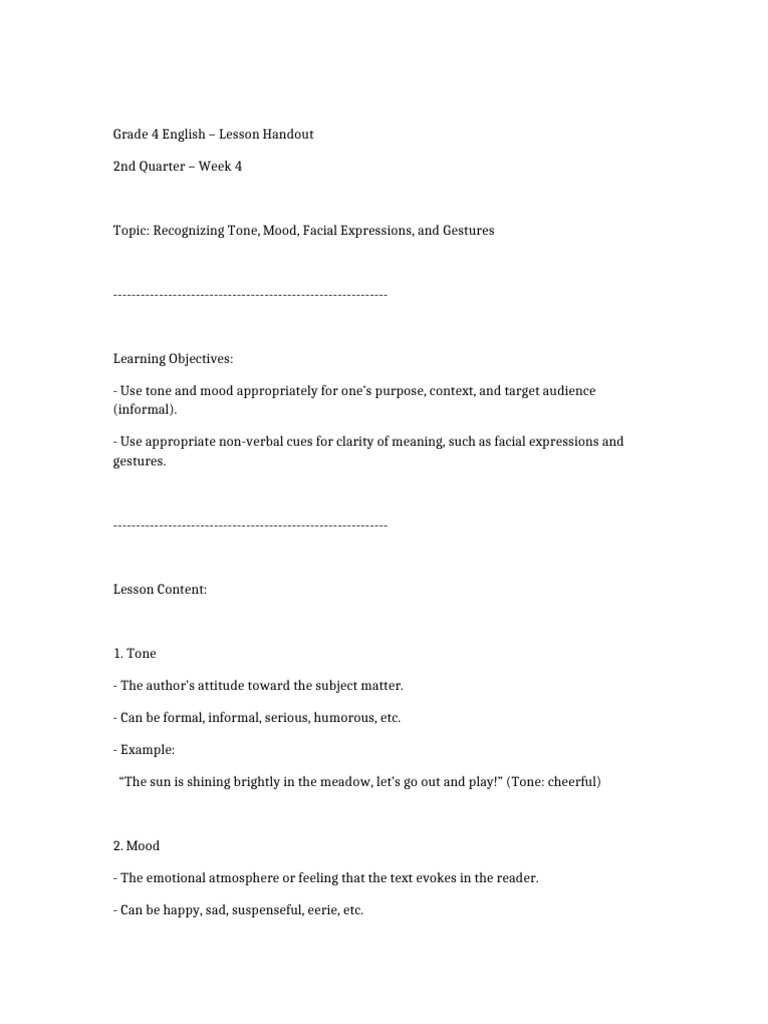 Lesson Handout English G4 Q2 W4 | PDF