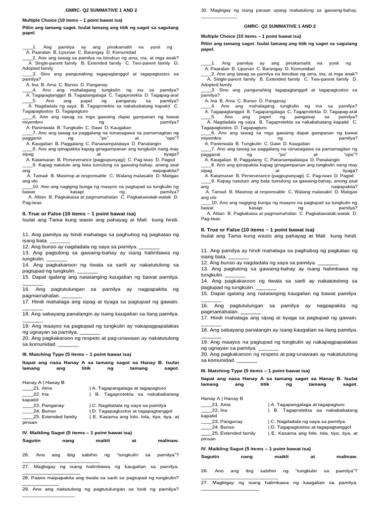.GMRC - q2 Summative 1 and 2 | PDF
