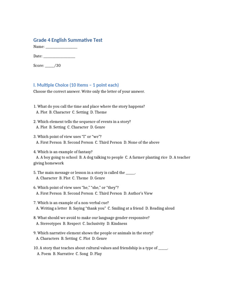 English Summative Test Grade4 | PDF | Narration | Narrative