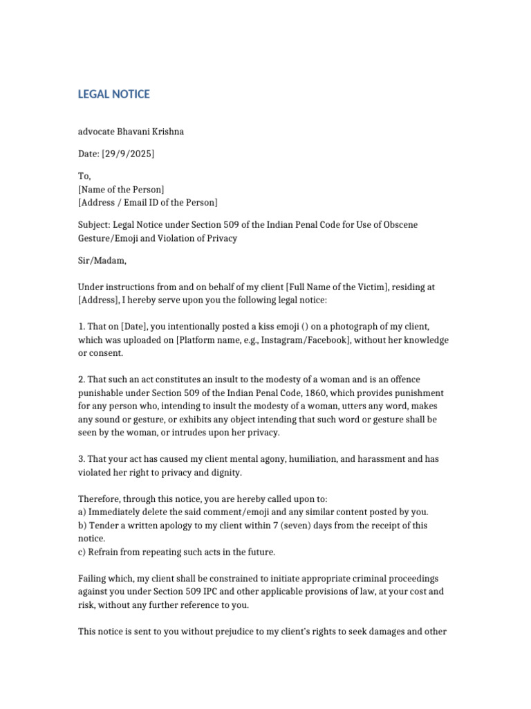 Legal Notice Section 509 IPC | PDF
