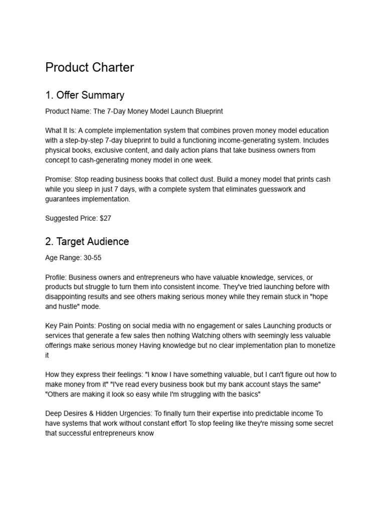 Product Charter - 7-Day Money Model Launch | PDF | Knowledge | System
