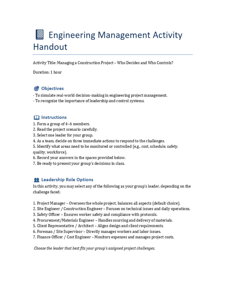 Engineering Management Activity With Leader Options | PDF | Business