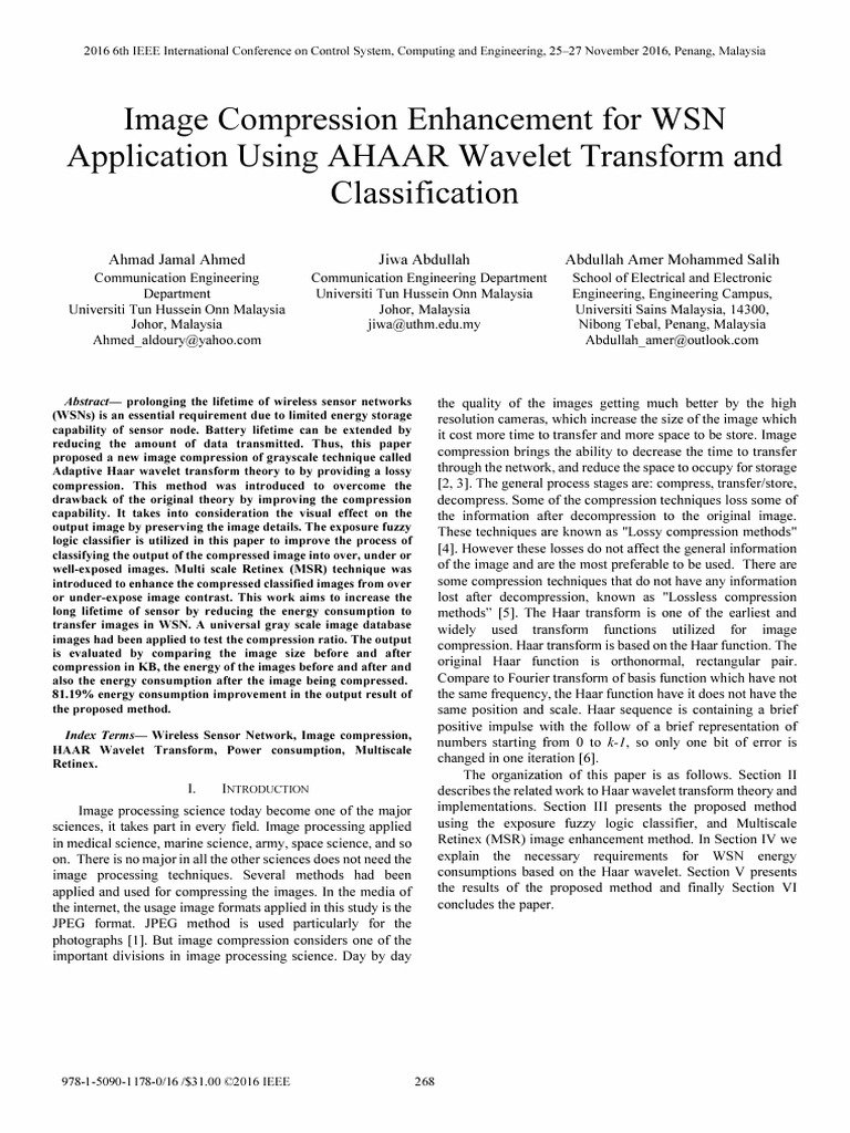 Image Compression Enhancement For WSN Application Using AHAAR Wavelet ...