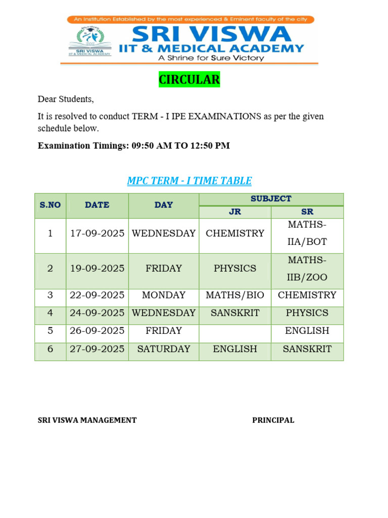 SR Inter Term-I Time Table & Exam Syllabus-1 | PDF | Electromagnetic ...
