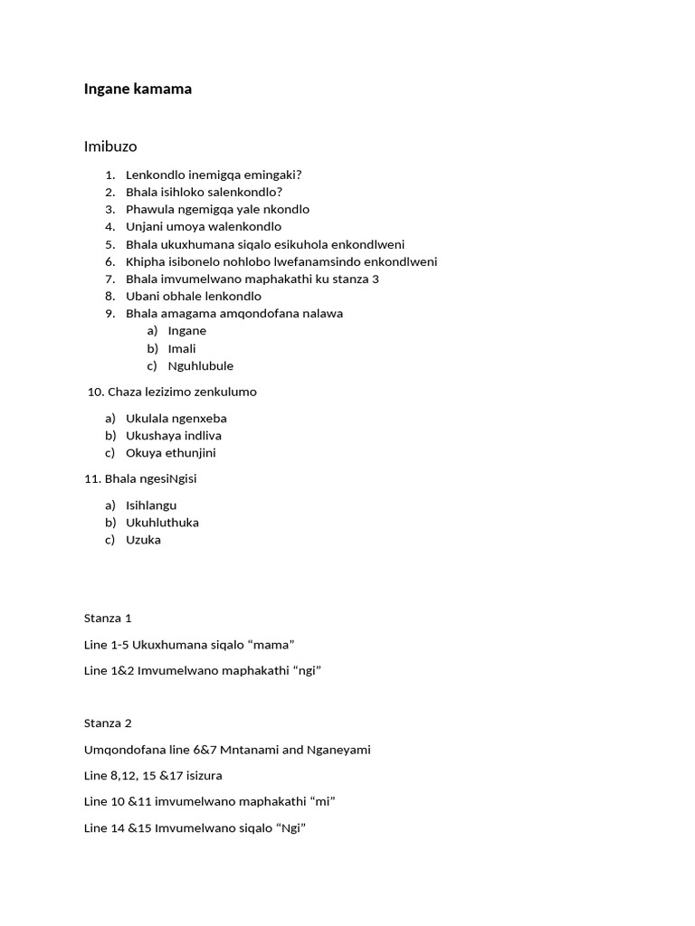 Imibuzo Ngezinkondlo ZesiZulu | PDF