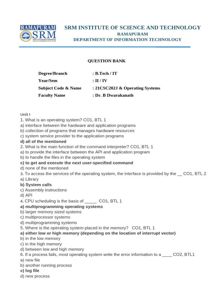 10 OS Question Bank - 21CSC202J nw | PDF | Operating System | Scheduling (Computing)