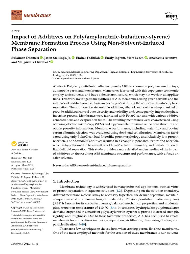 Impact of Additives On Poly (Acrylonitrile-Butadiene-styrene) Membrane ...