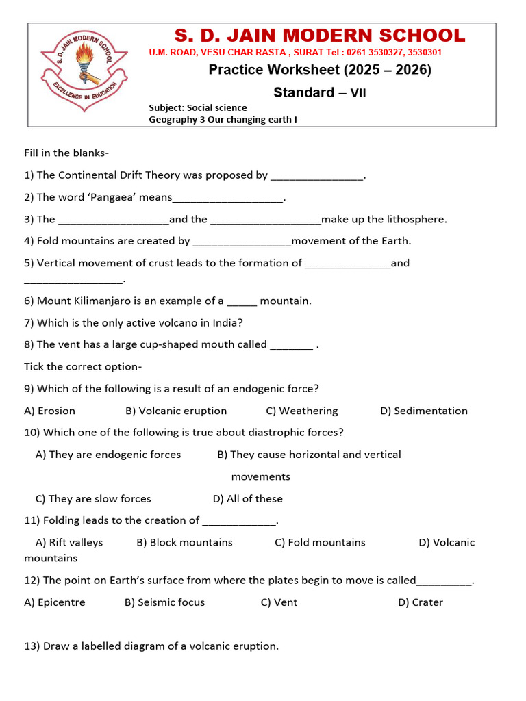 Class 7 Geography 3 Our Changing Earth 1 Worksheet | PDF
