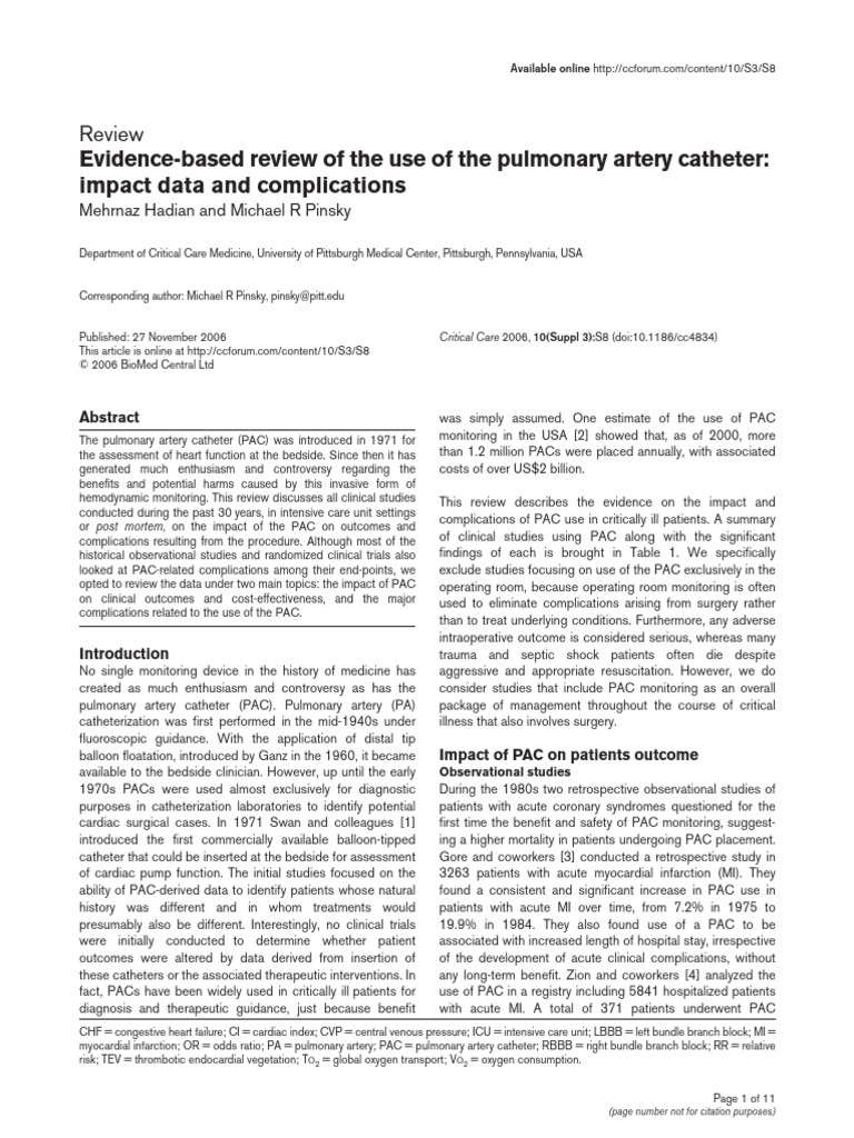 2006 Critical Care Evidence-Based Review of The Use of The Pulmonary ...