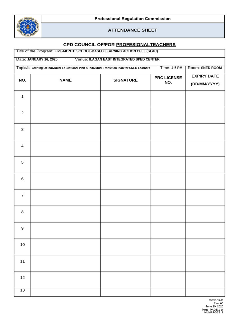 PRC Attendance Sheet for SLAC Program | PDF