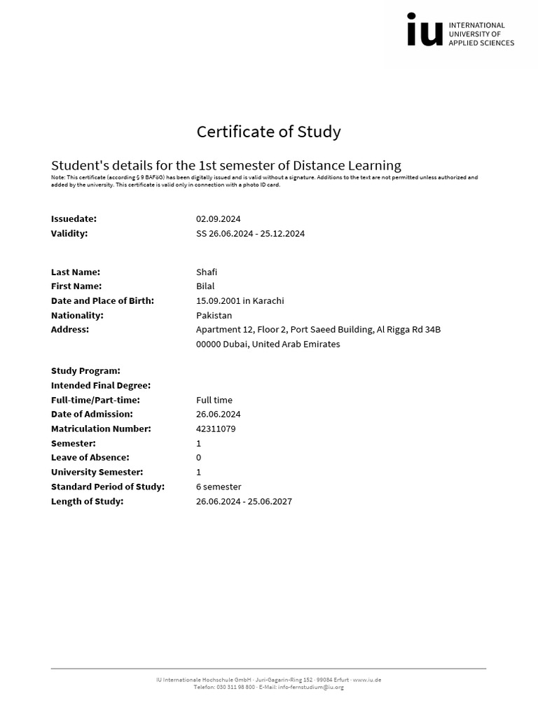 Certificate of Study for Bilal Shafi | PDF | Applications Of ...