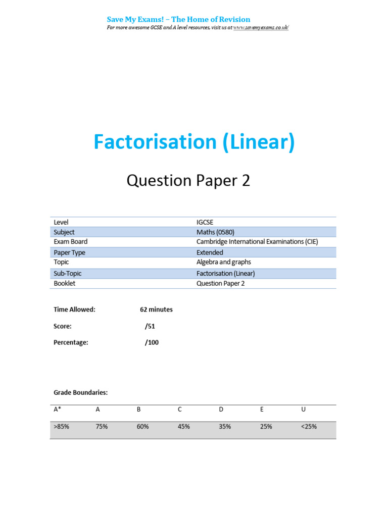 22.2 Factorisation Linear - Cie Igcse Maths 0580-Ext Theory-Qp | PDF ...