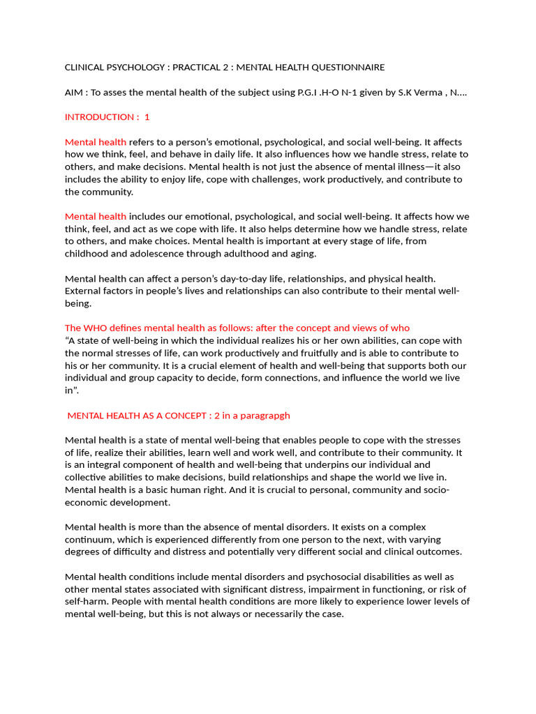 Clinical Psychology Sem 3, Practical - 2 Mental Health | PDF | Mental ...