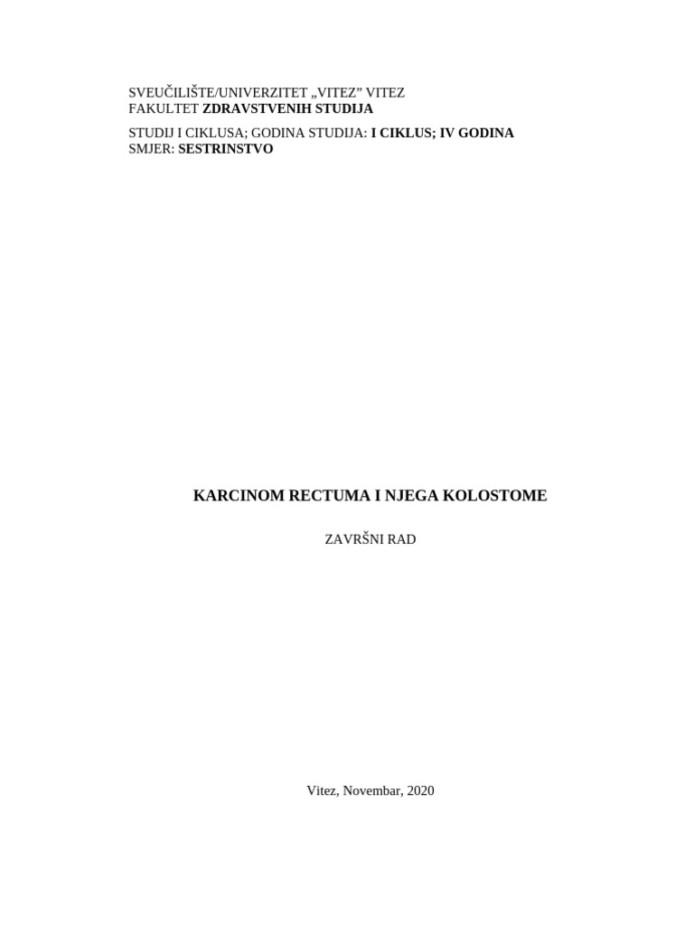 Diplomski Rad (2) - Karcinom Rectuma I Njega Kolostome | PDF