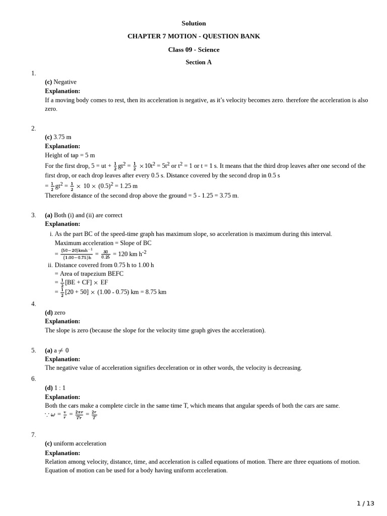Chapter 7 MOTION - Question Bank Solution | PDF | Velocity | Acceleration