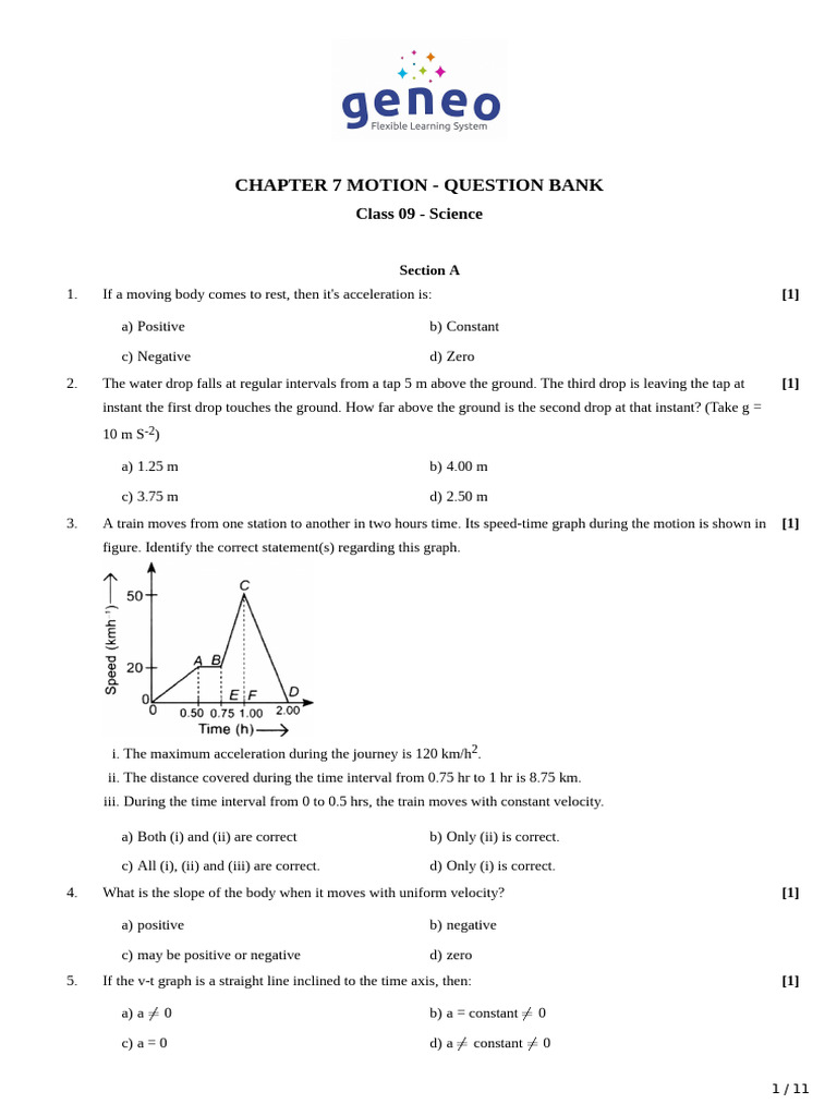 Chapter 7 MOTION - Question Bank | PDF | Velocity | Acceleration