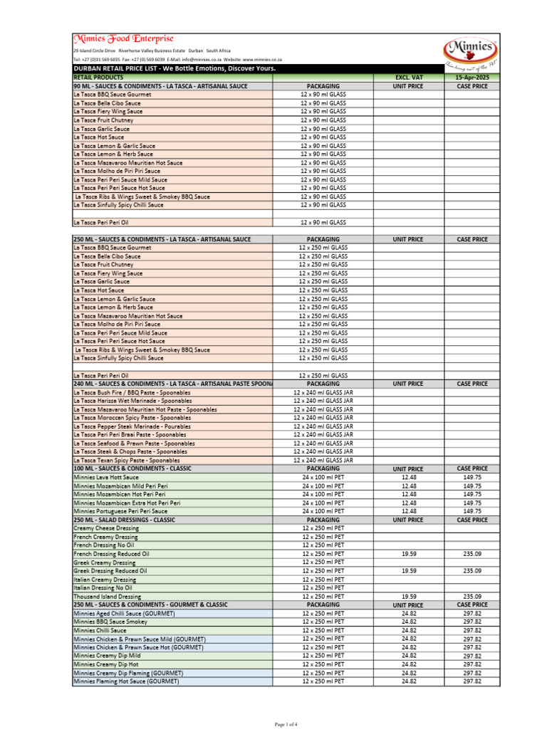 Taza Price List 2025 - Durban | PDF | Sauce | Condiments