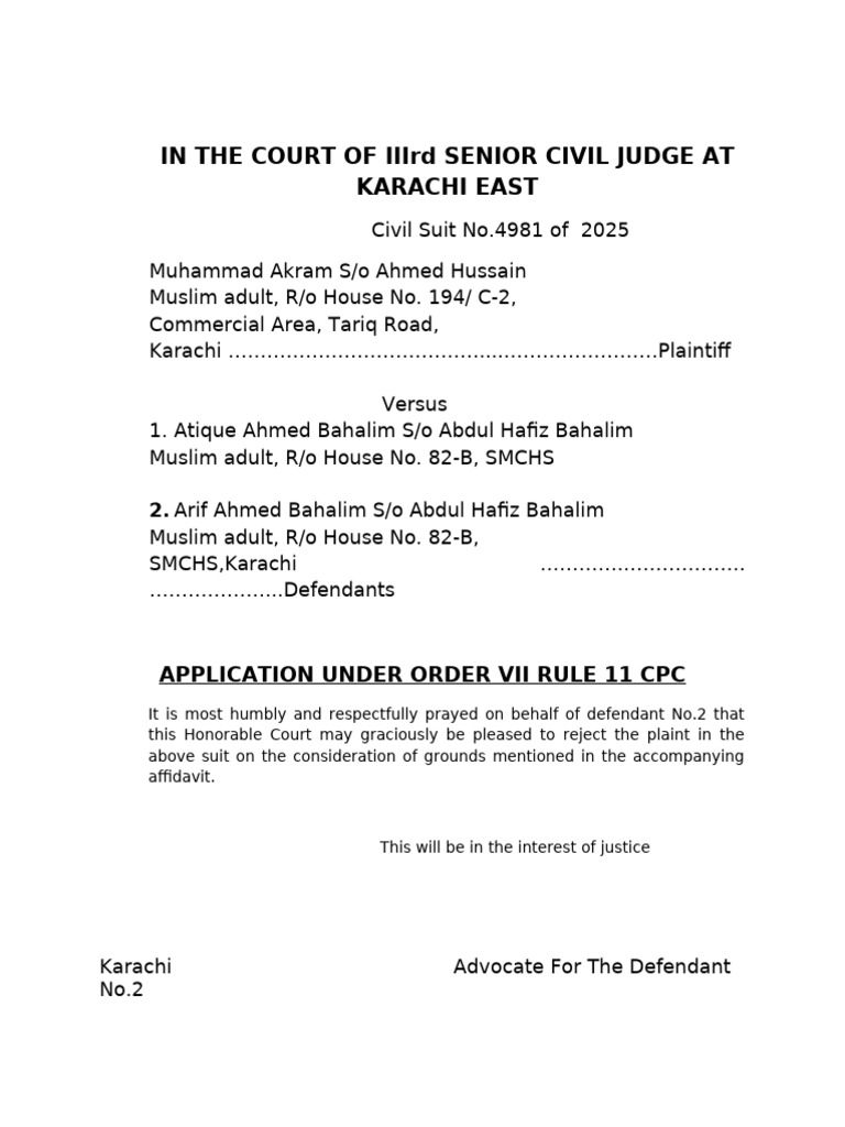 Application Order 7 Rule 11 M Akram Adnan | PDF | Lawsuit | Common Law