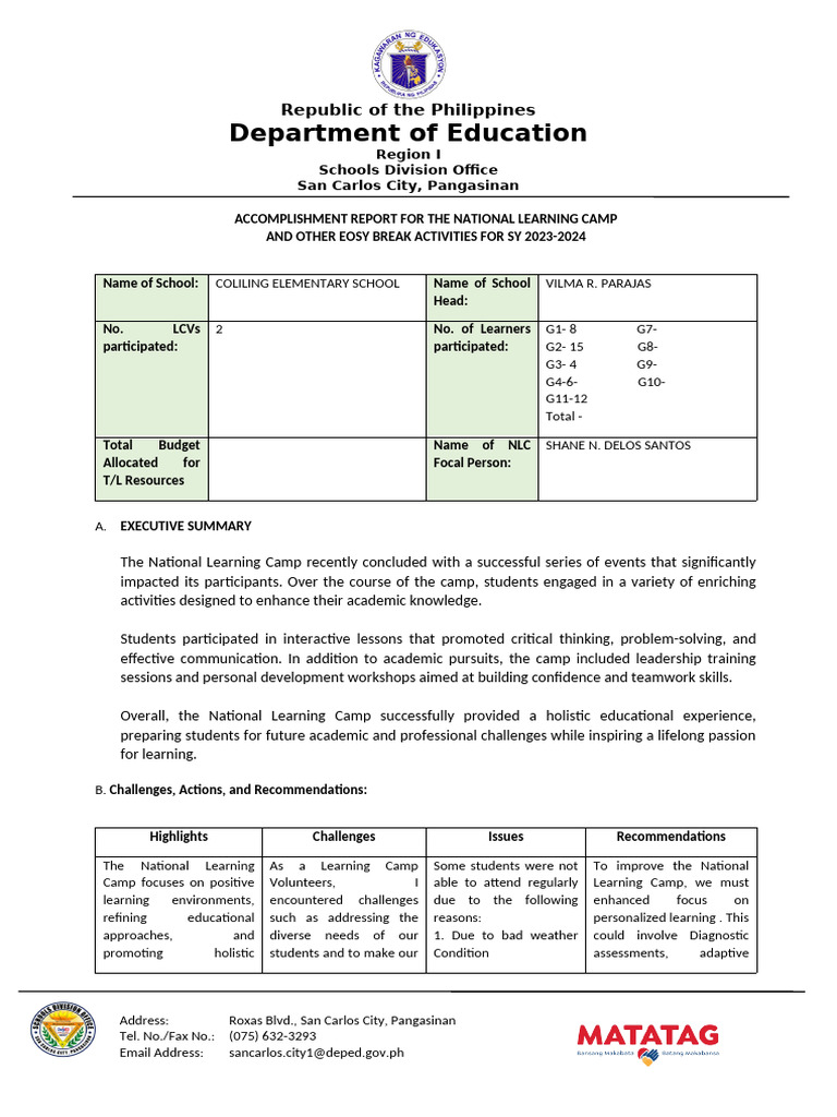 National Learning Camp Accomplishments 2023 | PDF | Cognition | Learning