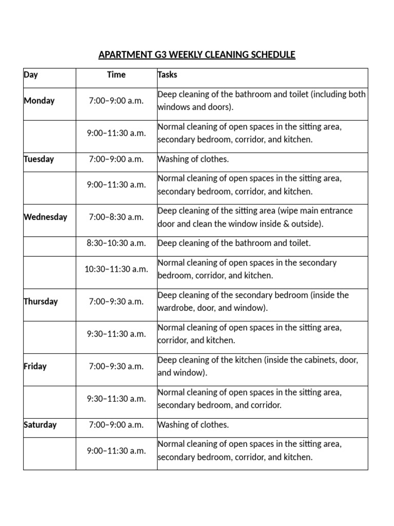 Apartment g3 Weekly Cleaning Schedule | PDF