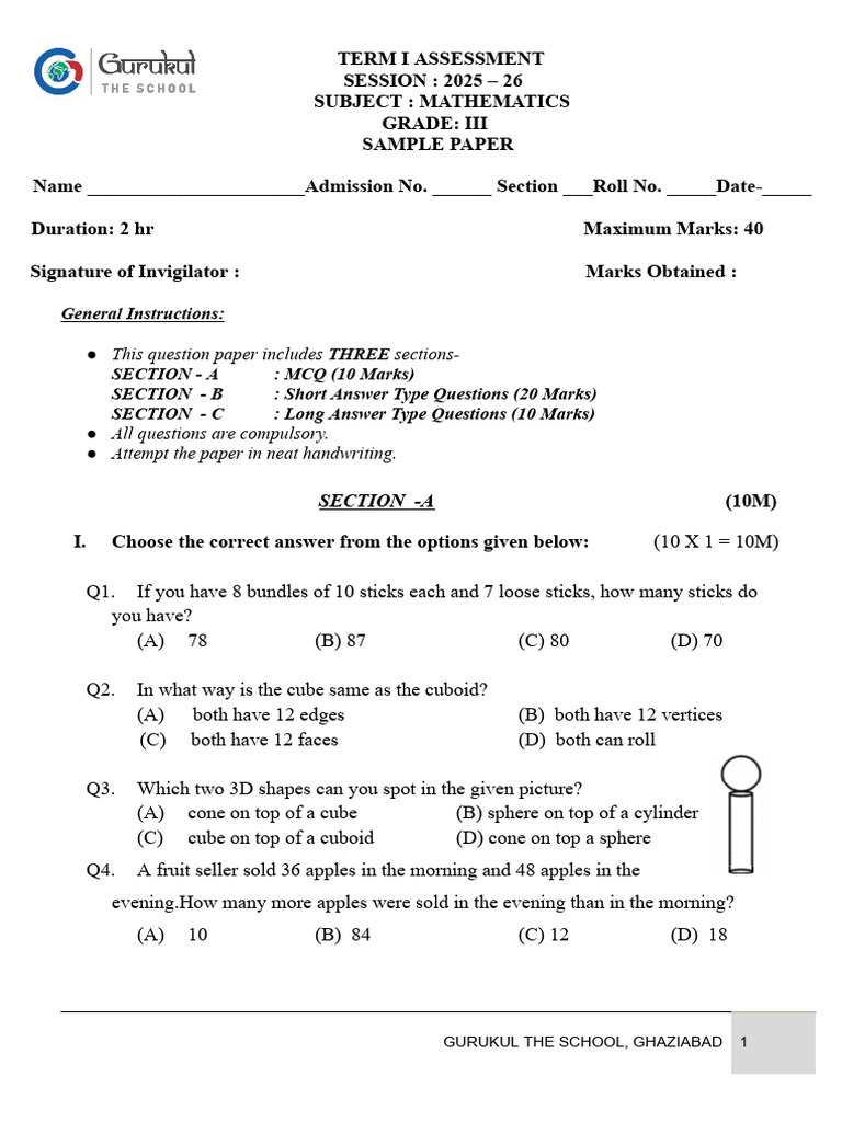 Mathematics - Sample Paper - Class Iii | PDF