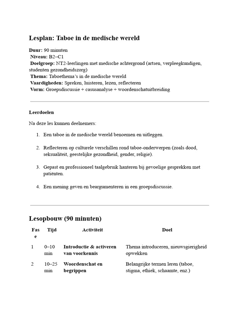 Taboe in de Medische Wereld (B2 - C1) Lesplan | PDF