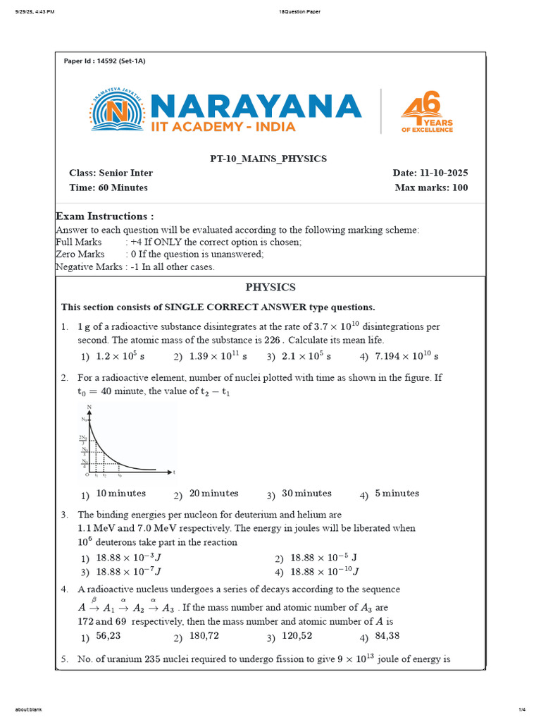 Pt-10 Mains Physics - QP | PDF | Electronvolt | Electron