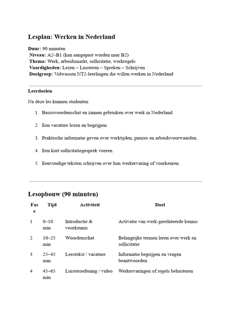 Lesplan Werken in Nederland (A2 - B1) | PDF