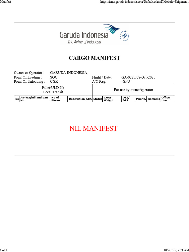 Garuda Indonesia Cargo Manifest GA-0225 | PDF