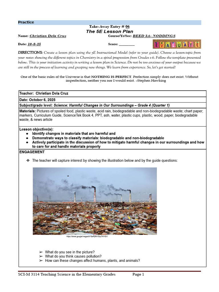 Christian Dela Cruz - Take-Away #7.0 The 5E Lesson Plan | PDF | Waste ...