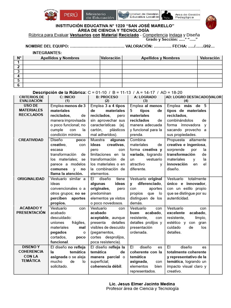 Rúbrica Eval Vestuarios Reciclaje 2025 | PDF | Diseño | Reciclaje