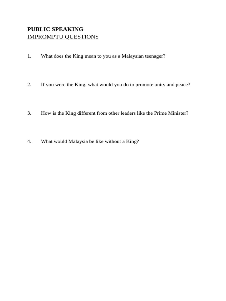 Impromptu Public Speaking Questions on the King | PDF