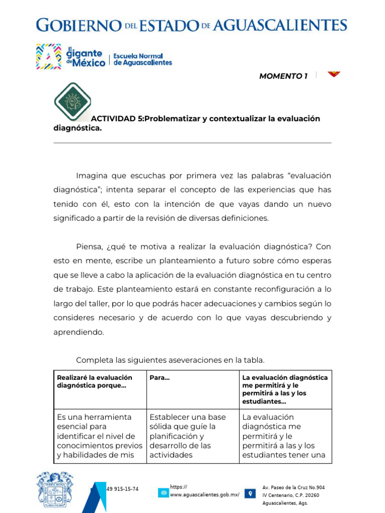 M1 - ACT 5 - Problematizar y Contextualizar La Evaluación Diagnóstica ...