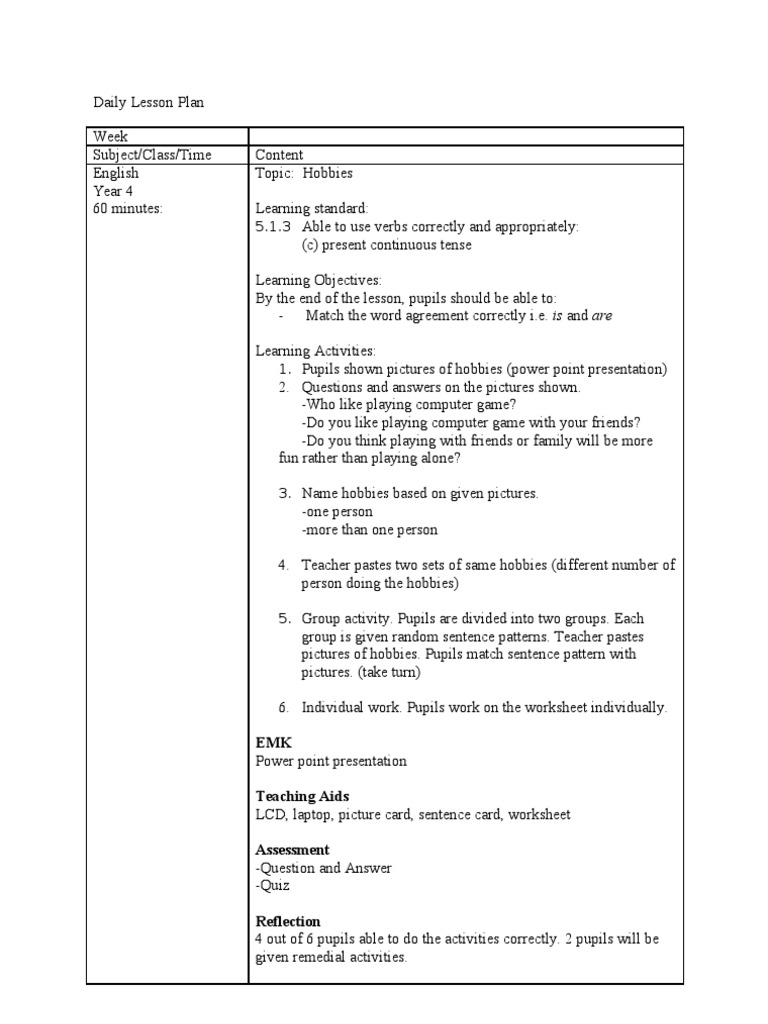 Hobbies Lesson Plan for Year 4 | PDF