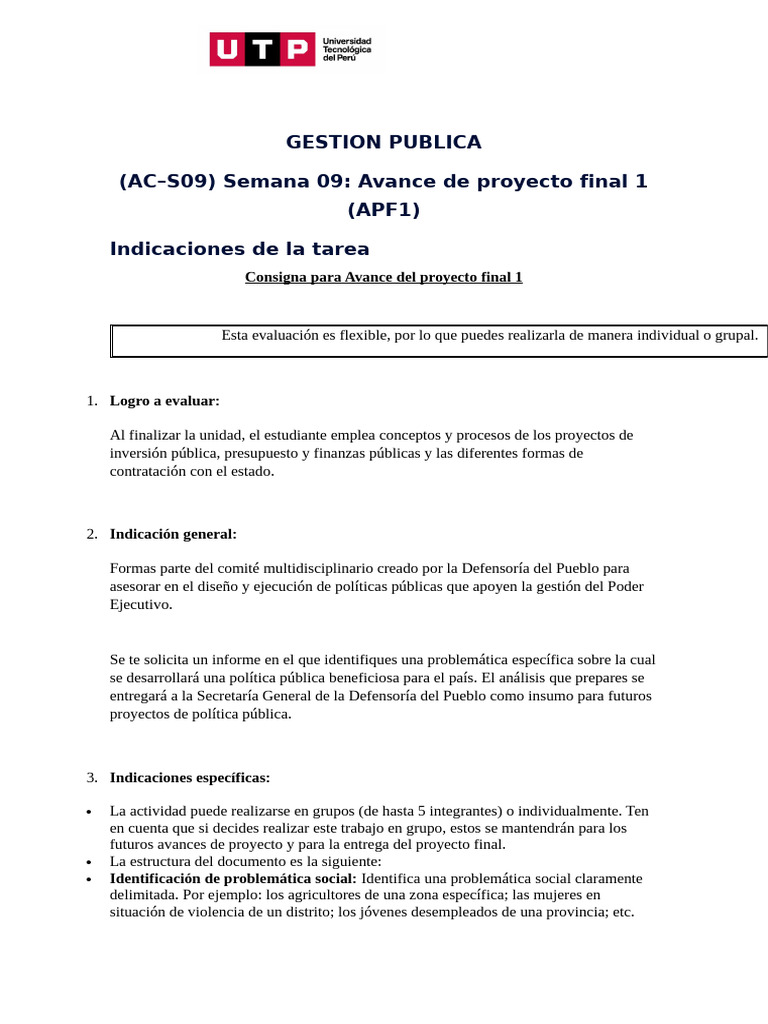 ? (AC-S09) Semana 09 Avance de Proyecto Final 1 (APF1) - GESTION PUBLICA | PDF