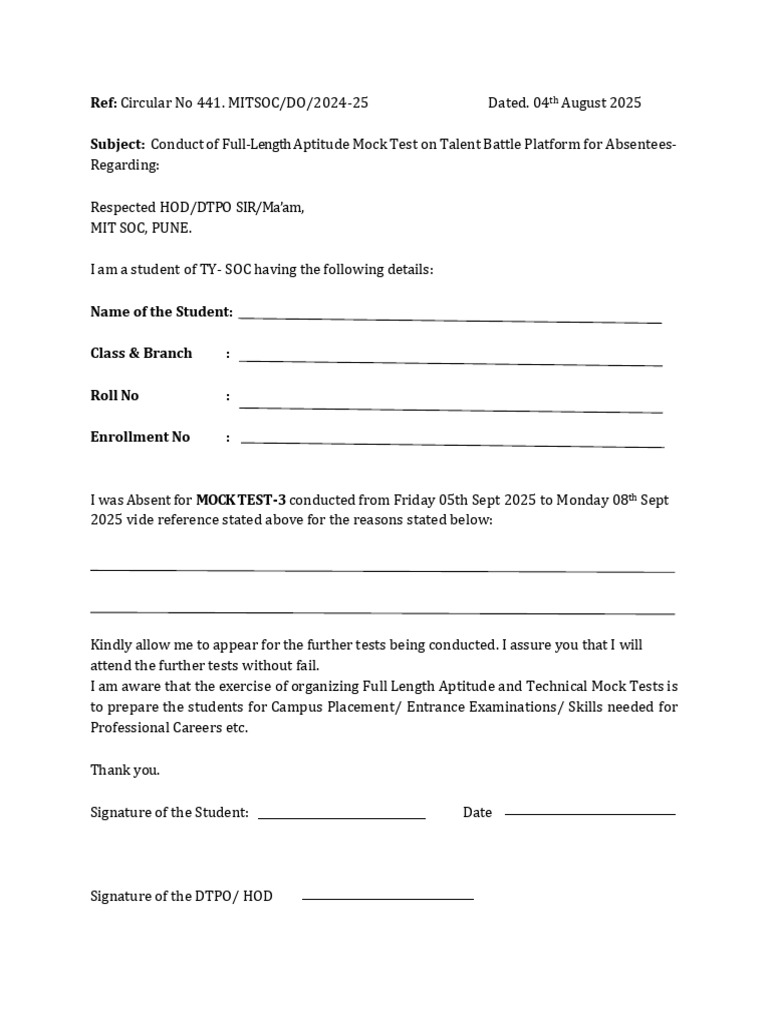 SoC Student Absentee Letter For Mock Test | PDF