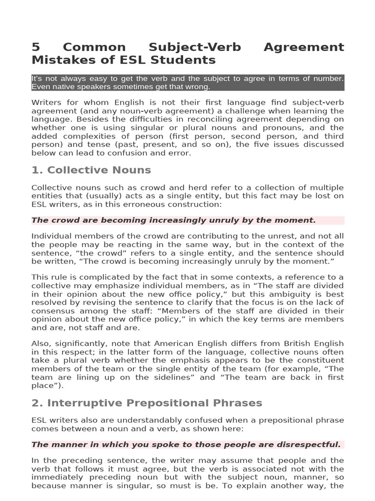 5 Common Subject-Verb Agreement Mistakes of ESL Students | PDF | Verb ...