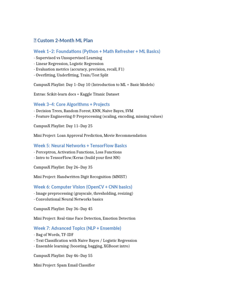 Custom 2 Month ML Plan With Projects | PDF | Machine Learning | Data ...