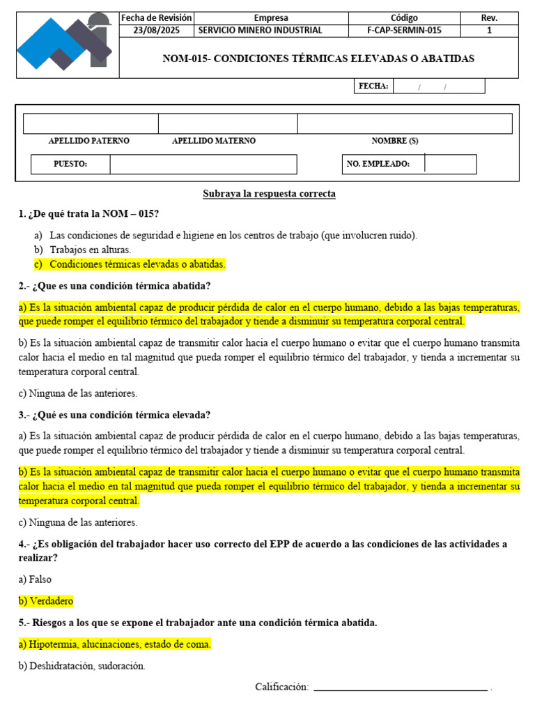 Respuestas Nom-015-Condiciones Térmicas Elevadas o Abatidas | PDF